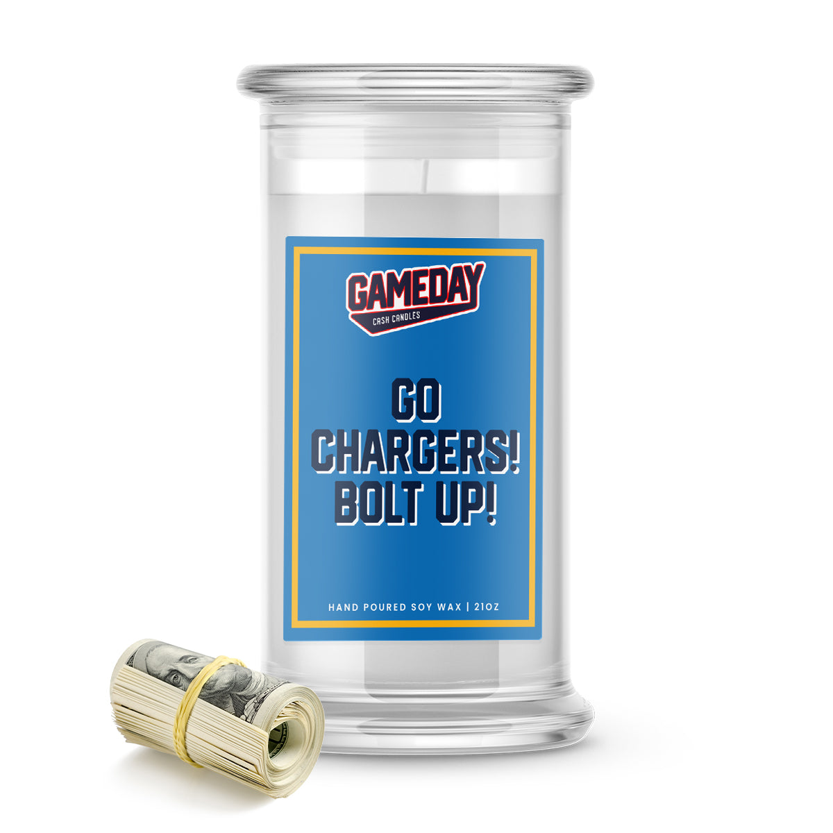 Los Angeles Chargers GO CHARGERS! Cash Candle – Amish Built Cabins ...